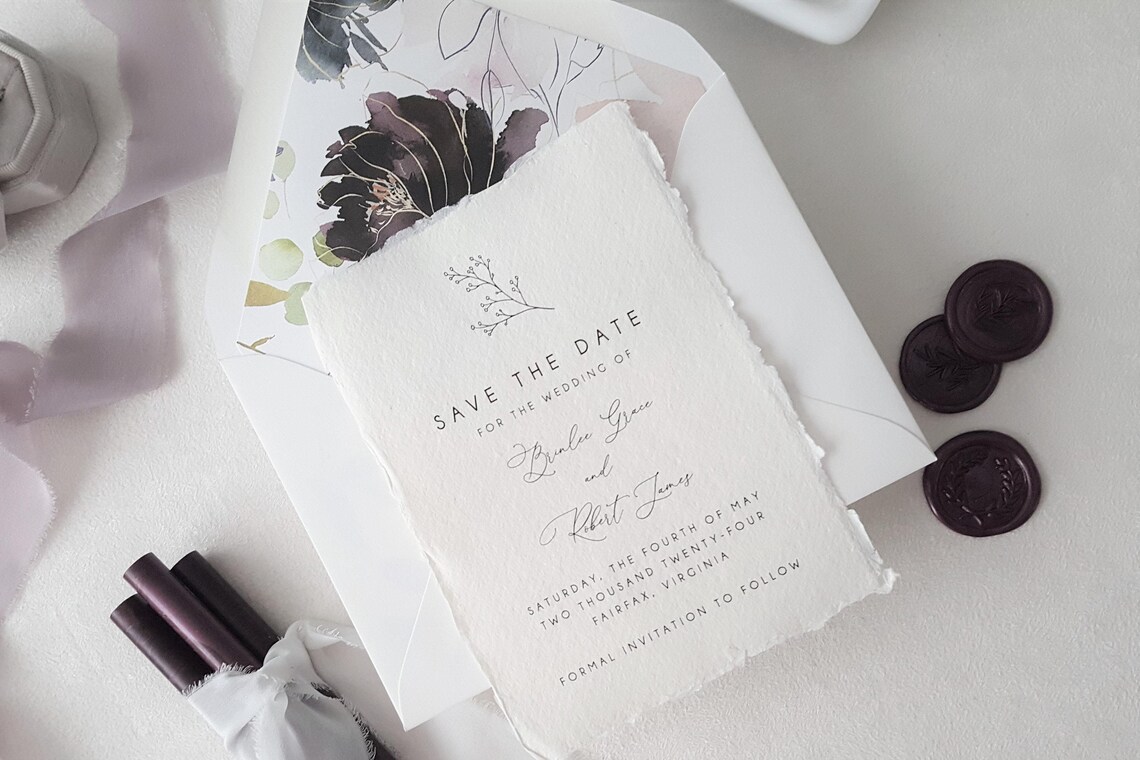 Handmade Paper Save the Date Card, Purple Wedding, Botanical Monogram ...