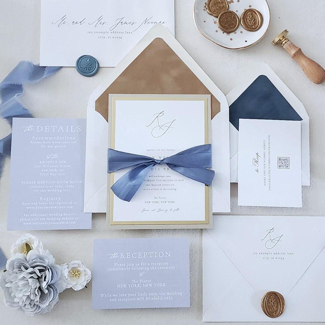 Dusty Blue and Gold Wedding Invitations, Blue Ribbon Invitation Suite ...