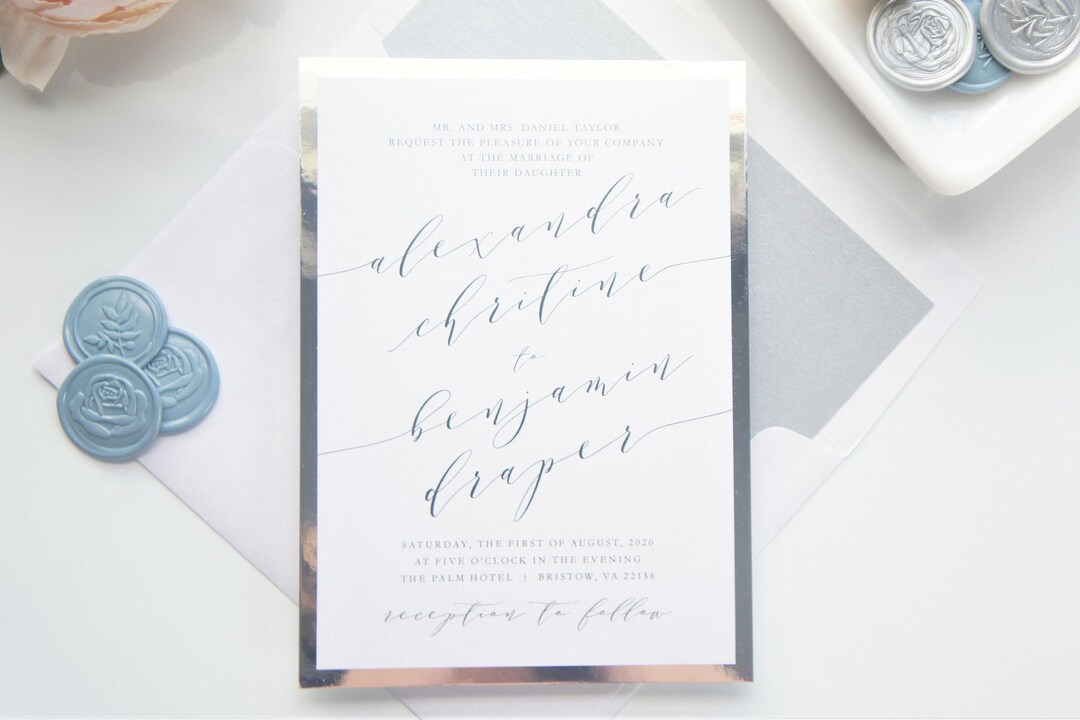 Dusty Blue and Silver Flowing Calligraphy Script Wedding Invitation, Modern Invite Suite With ...