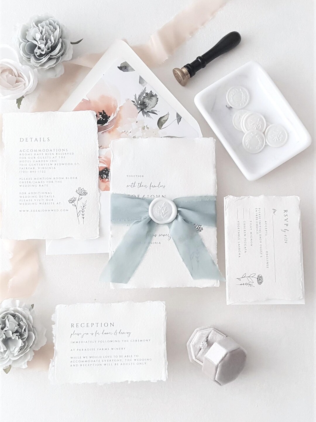 Wildflowers Wedding Invitation Mint and Peach Bohemian Invitation Suite ...