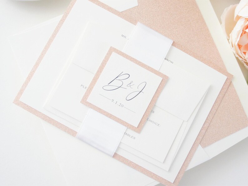 Blush Pink Wedding Invitation Set: Rose Gold Glitter Backing Layered ...
