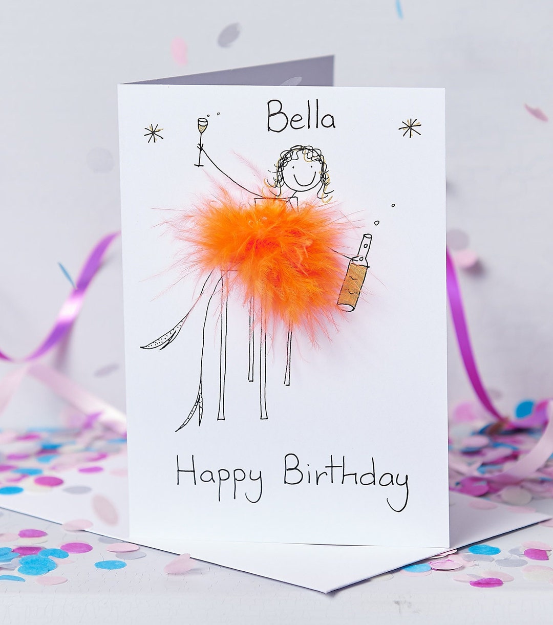 Personalised Birthday 3D Card Fluffy Dress Champagne Chair Fun, Unique ...