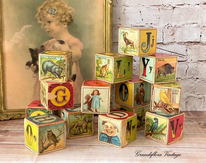 Antique Victorian Children's Wood & Paper Alphabet Blocks, Toys, Set of ...