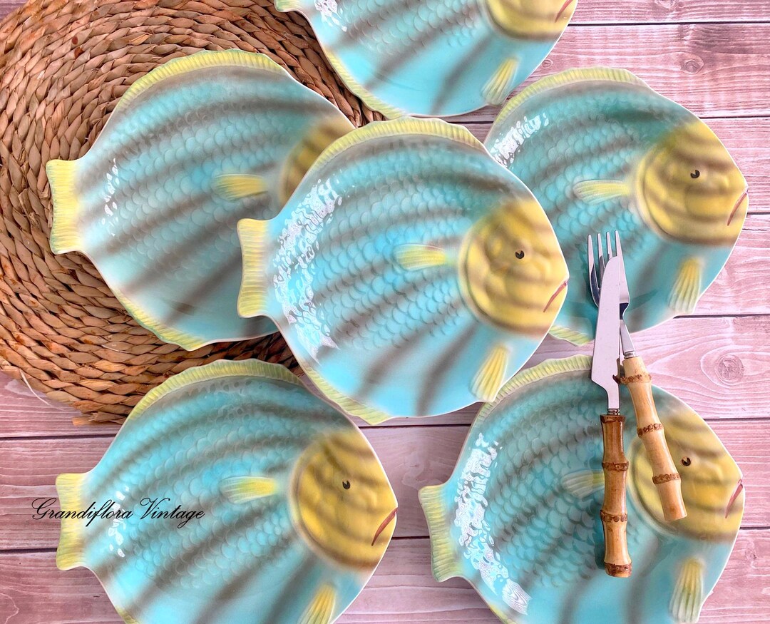 Set of Six Vintage Shorter & Son Fish Plates, 1930s, Majolica, Coastal ...