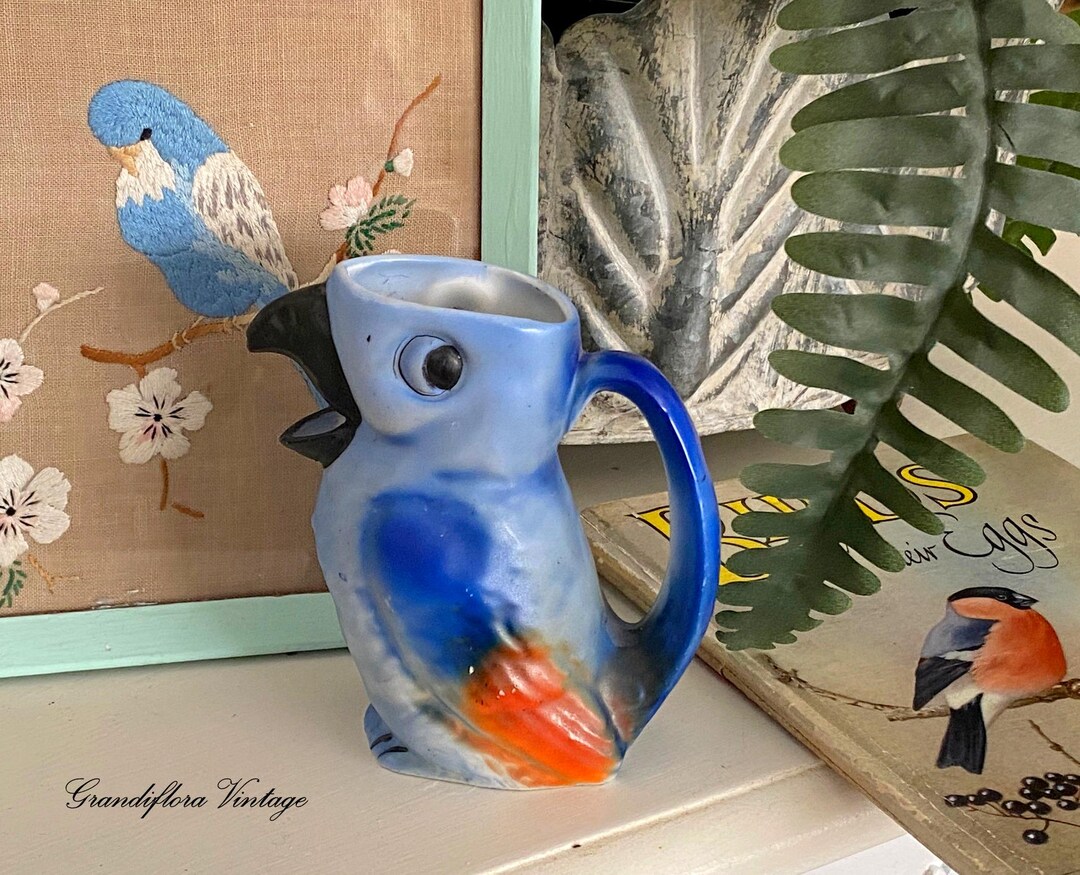 A Cute Vintage 1930s Parrot Bird Jug, Majolica Style Small Blue Macaw ...