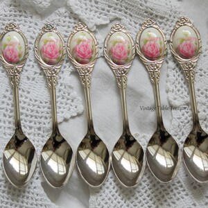 A Pretty Set of Six Vintage Pink Roses Cameo Silver Plate and Ceramic ...