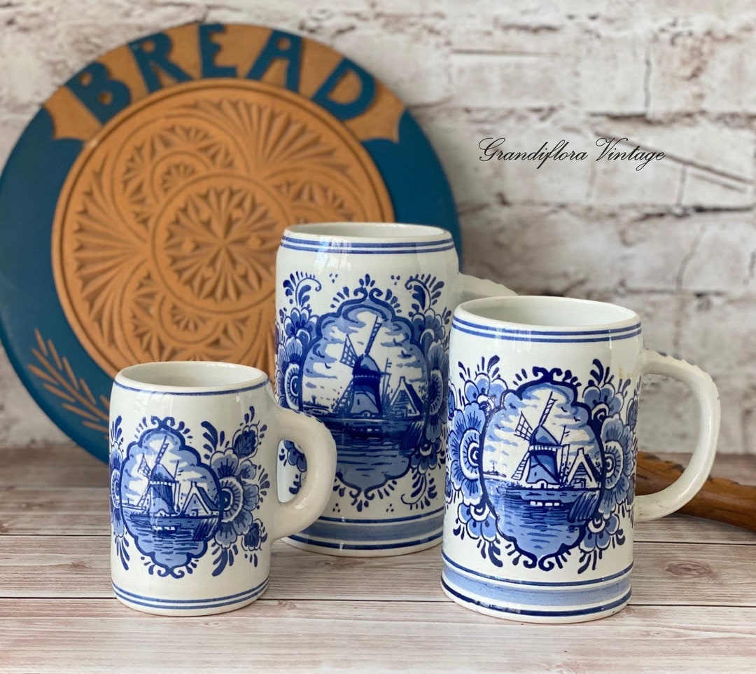 A Set of Three Vintage Delft Blue Graduating Mugs, Steins, Hand Painted ...