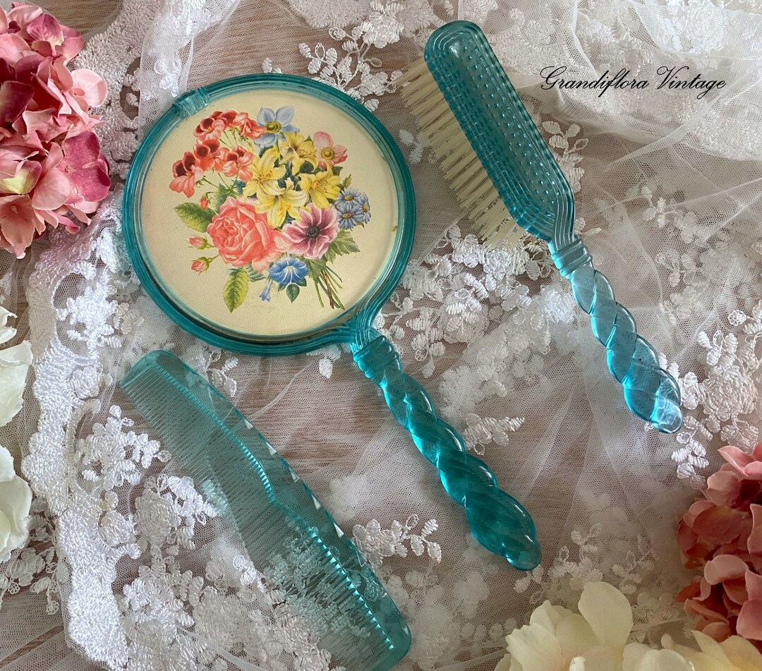 A Sweet Vintage 1930s Lucite Brush, Comb & Hand Mirror Set, British ...
