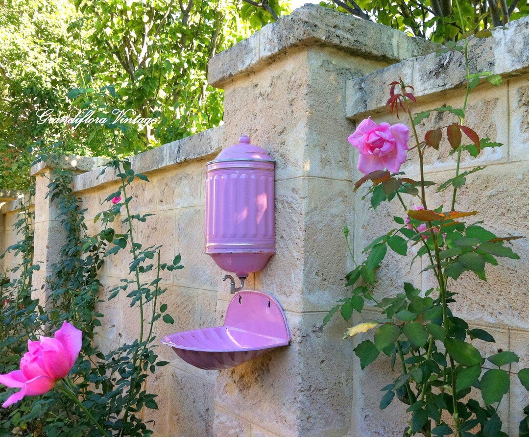 Antique French Enamel Lavabo, Wall Fountain, Wash Bowl Tank, Pink ...