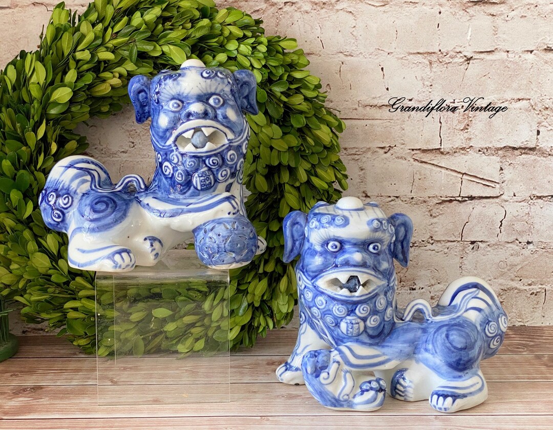 A Stunning Pair of Large Vintage Blue and White Chinese Foo Dogs, Mid ...
