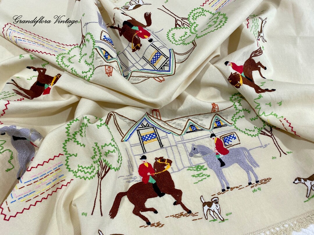 Tally Ho! Superb Vintage Hand Embroidered Tablecloth, English Fox ...