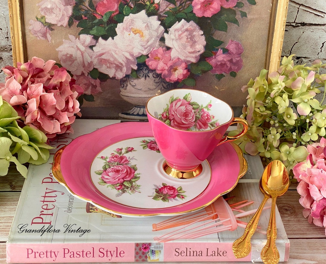 A Lovely Vintage Pink Roses Tea Cup Tennis Set, Snack, Hostess Teacup ...