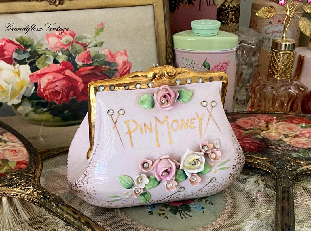 A Pretty Vintage Pink Floral & Rhinestone Pin Money, Piggy Bank, Coin ...