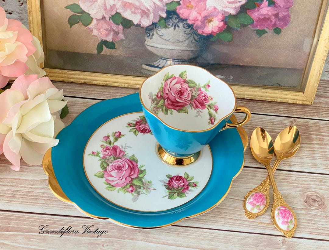 A Pretty Vintage Pink Roses Tea Cup Tennis Set, Snack, Hostess Teacup ...