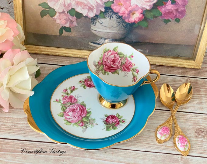 A Pretty Vintage Pink Roses Tea Cup Tennis Set, Snack, Hostess Teacup ...