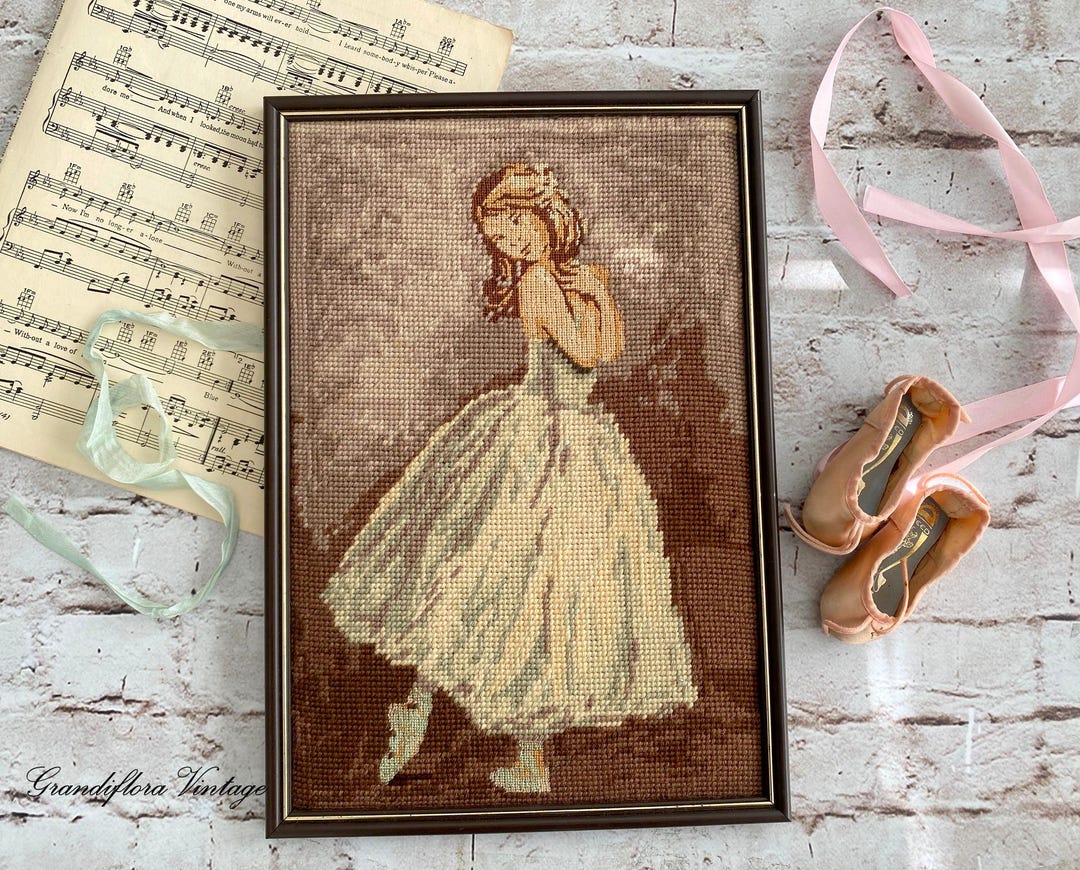 A Pretty Vintage Completed Ballerina Needlepoint Picture, Tapestry ...