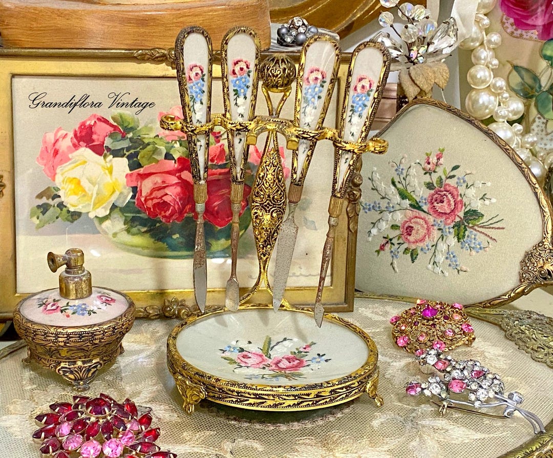 Vintage Manicure Set on Stand, Ormolu Gold & Petit Point, 1940s Antique ...