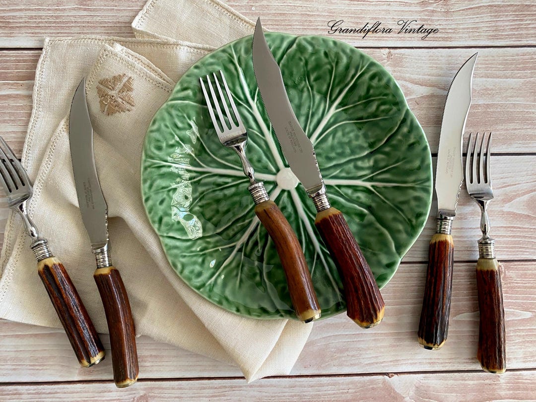 Vintage 12 Piece Genuine Horn Stag Antler Handled Knives & Forks Set ...