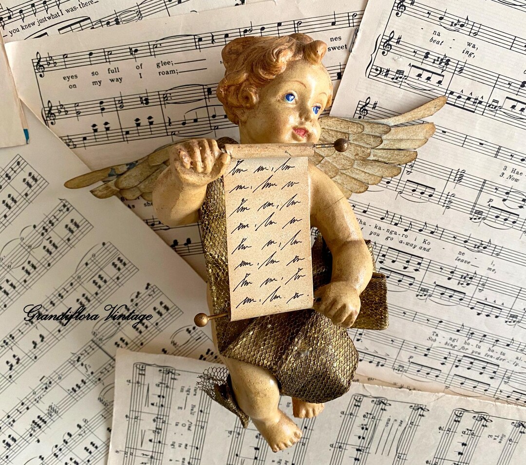 Vintage Italian Cherub, Putti With Scroll, Polychrome, Carved Wood ...