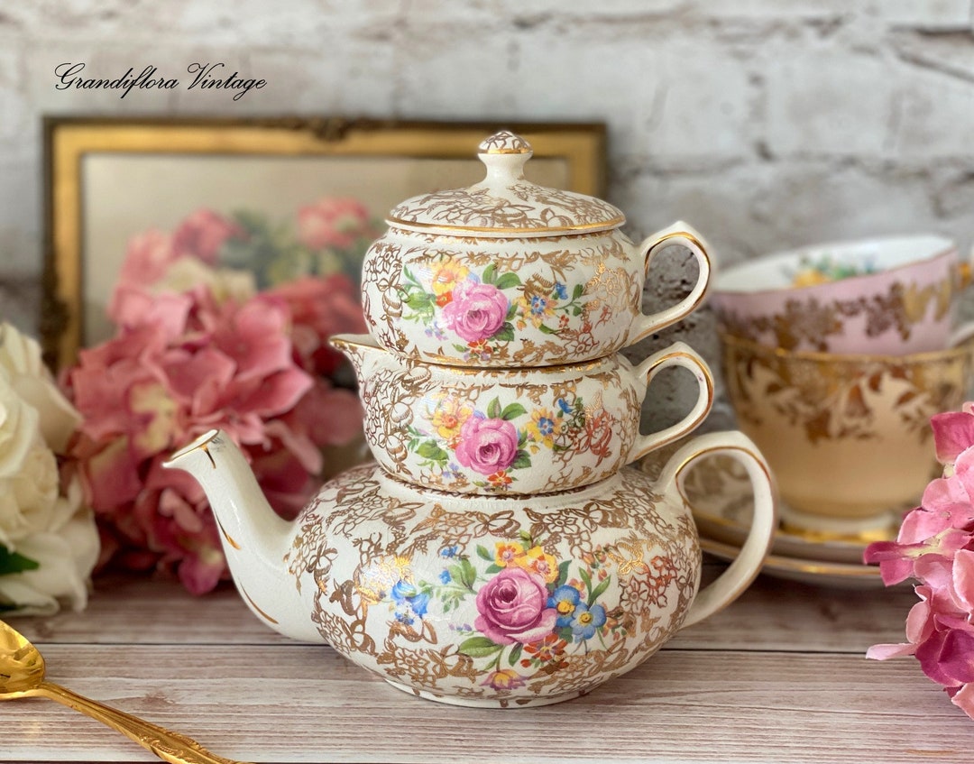 A Pretty Vintage Chintz Stacking Teapot, Lord Nelson Ware BCM, Floral, Tea for One With Creamer ...