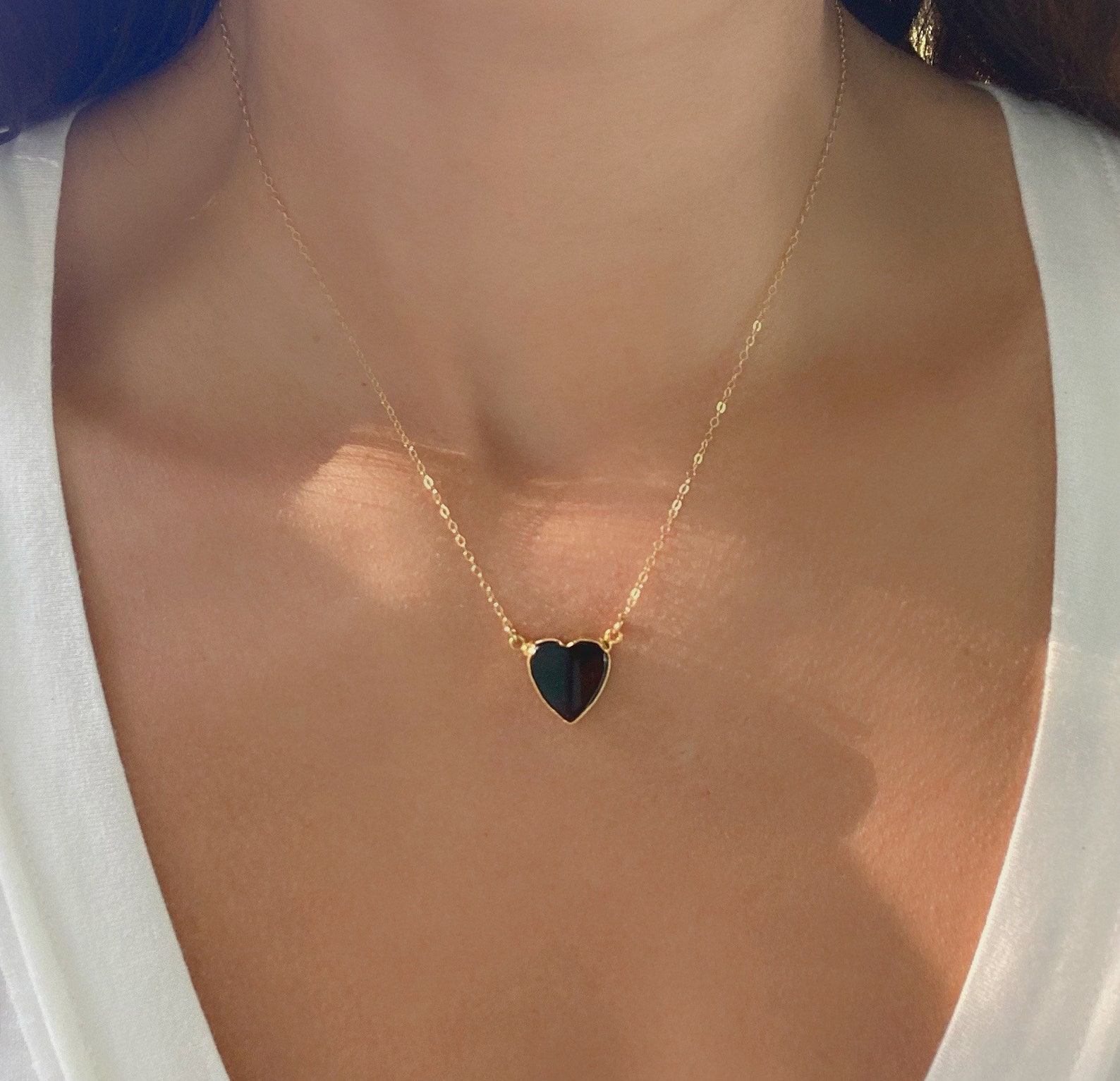 Black Onyx Heart Gold Necklace // Black Onyx Heart Necklace // - Etsy