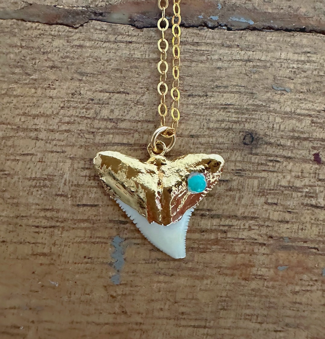 Turquoise Shark Tooth Gold Necklace // Waterproof Gold Shark Tooth ...