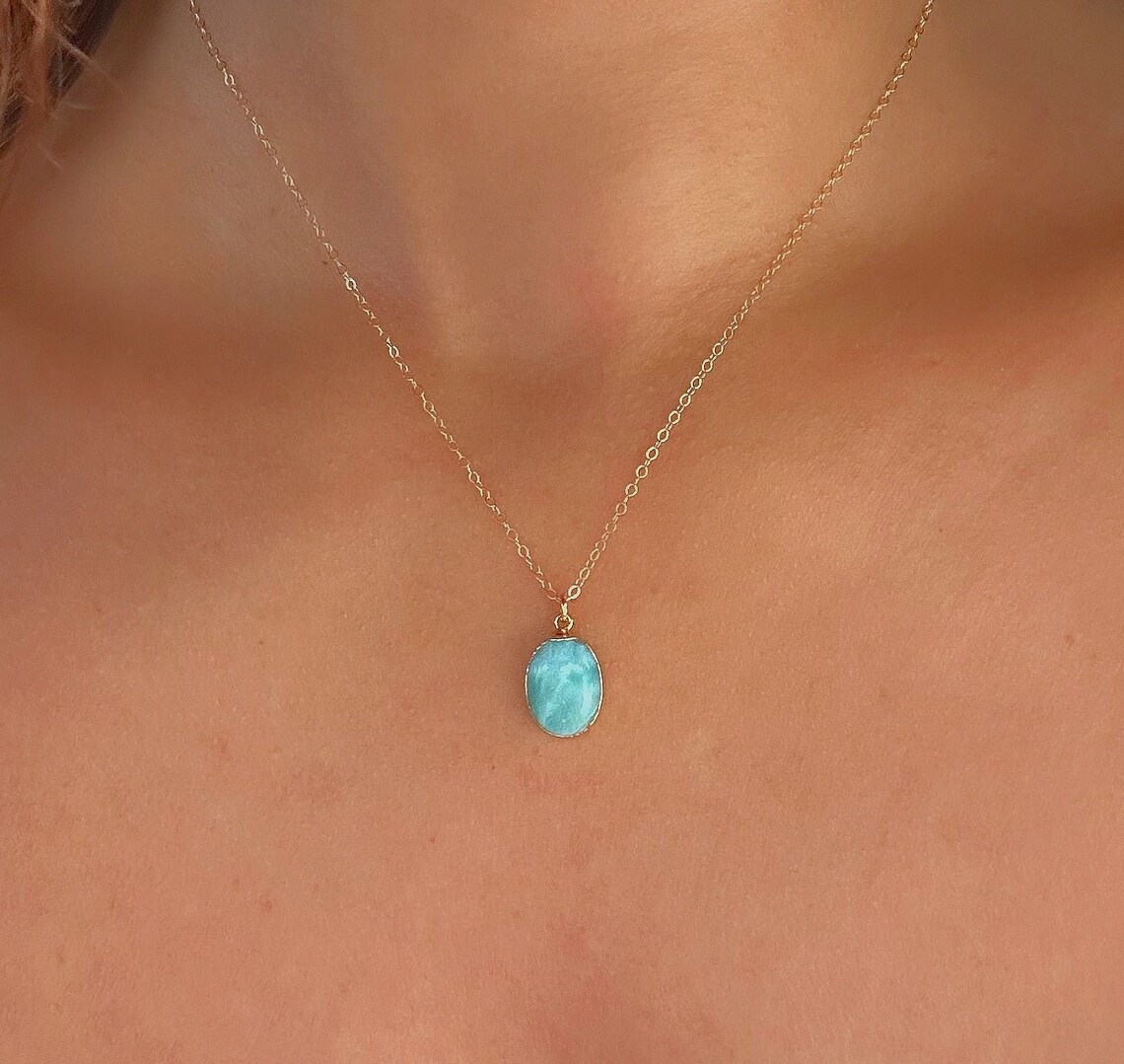 Larimar Gold Necklace // Larimar Oval Necklace // Larimar Pendant ...
