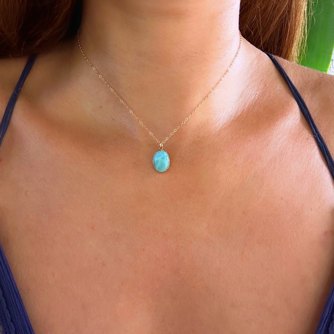 Larimar Gold Necklace // Larimar Oval Necklace // Larimar Pendant ...