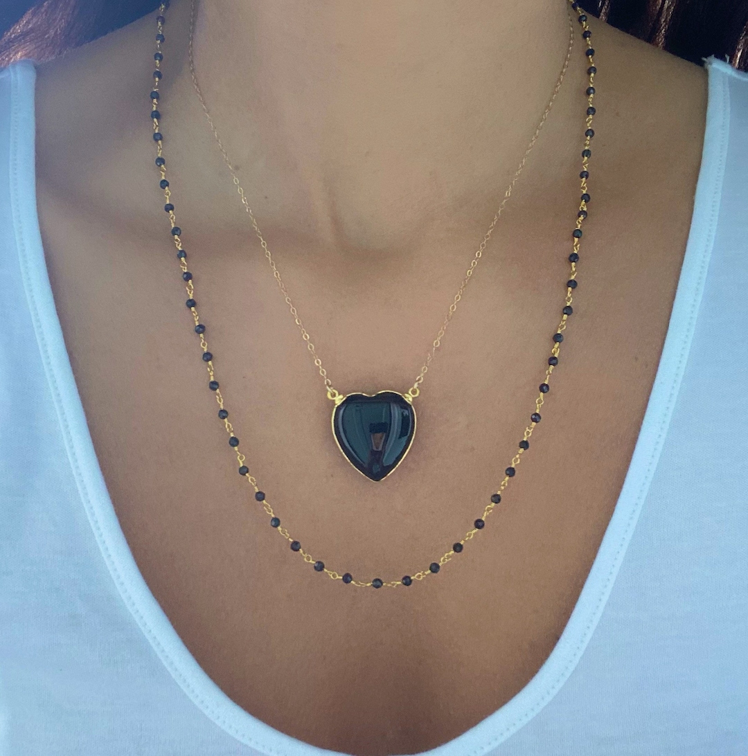 Black Onyx Heart Gold Necklace // Black Onyx Heart Necklace // Black ...