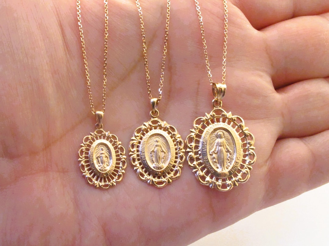14k Solid Rose Gold Virgin Mary Pendant Necklace - Small, Medium ...