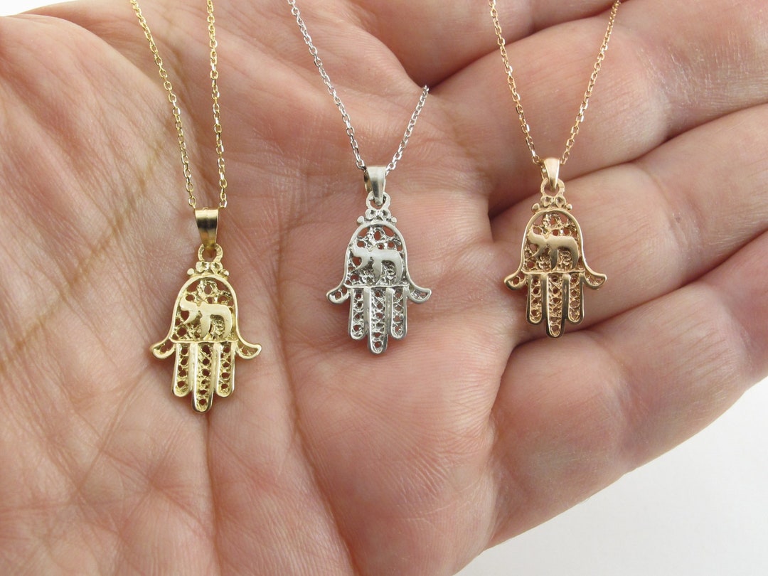 14k Solid Gold Hamsa Pendant Necklace: Jewish Hand of God Chai - Etsy