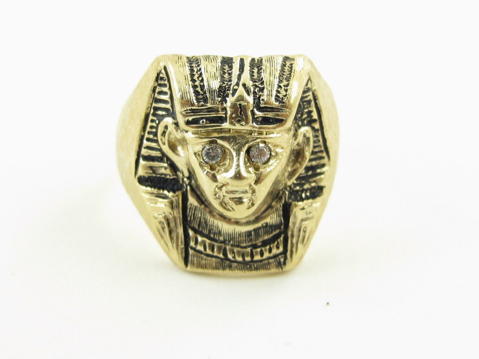 14k Yellow Gold Pharaoh Head Diamond Ring - Vintage Egyptian Ring Size ...