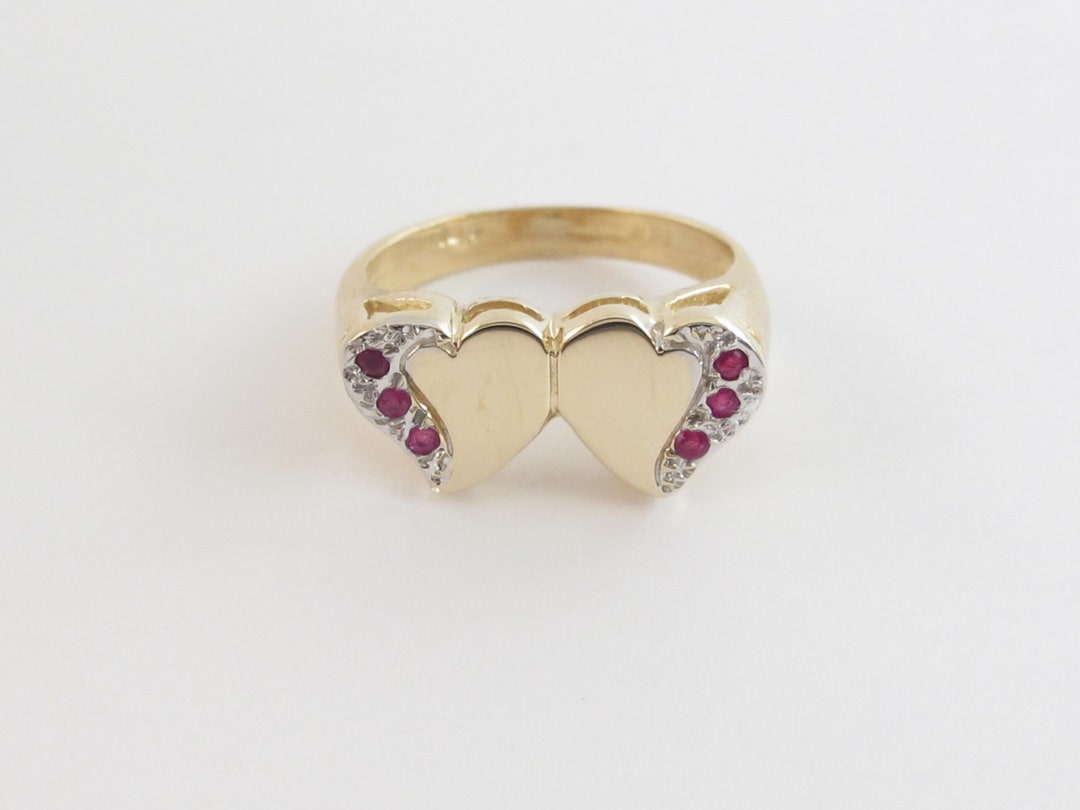 14k Yellow Gold Double Heart Ruby Ring - Engravable - Etsy