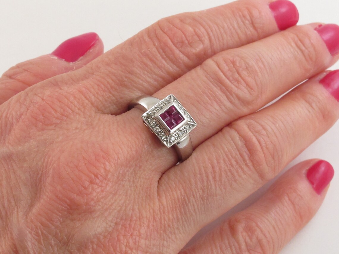 Anillo de diamante y rubí 14k oro blanco - Etsy México