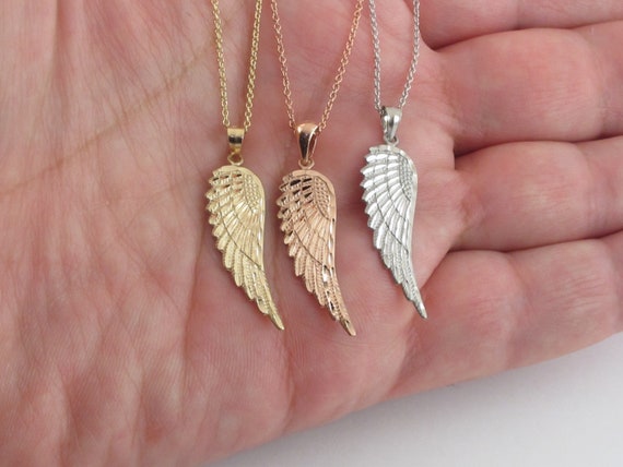 14K Gold Angel Wings Pendant Necklace 16 18 20 Available in Yellow White and Rose Gold