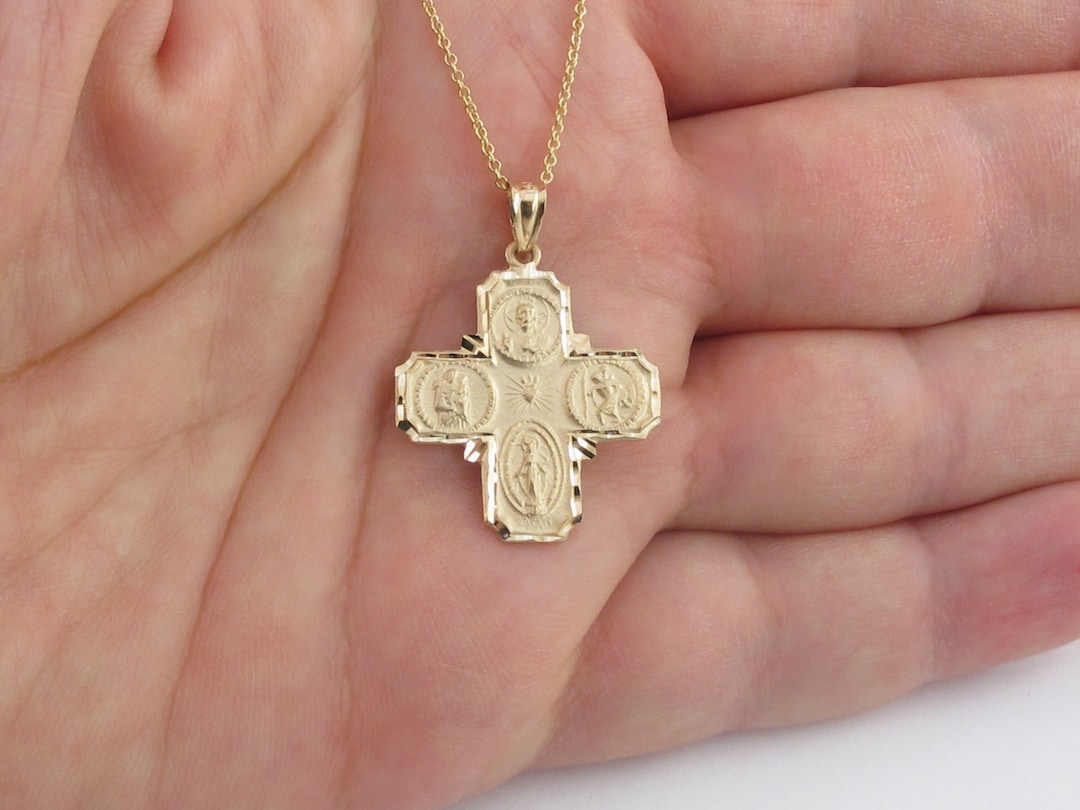 14k Solid Yellow Gold 4 Way Saints Cross Charm Pendant Necklace 16", 18 ...
