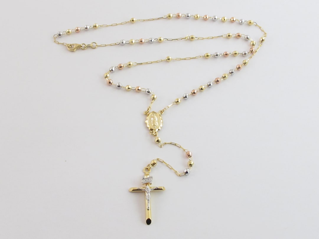 14k Gold Rosary Necklace: Tri Color Virgin Mary Jesus Cross, 3mm Balls ...