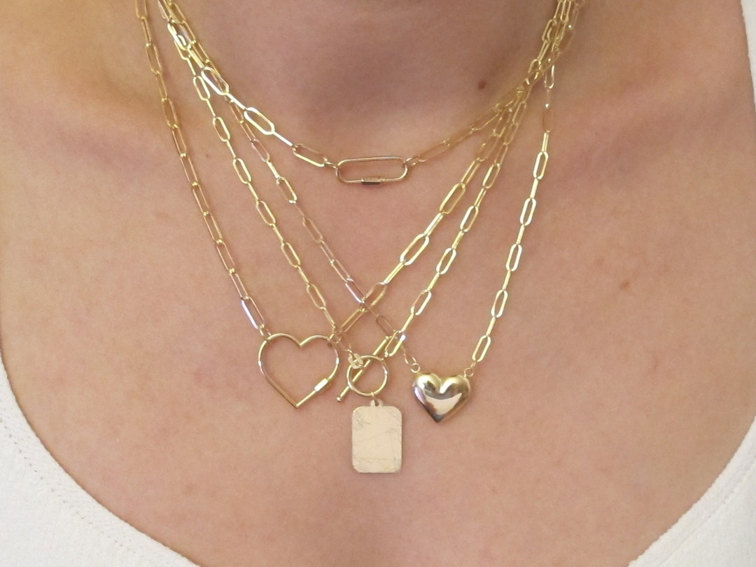 14k Yellow Gold Paperclip Chain Necklace: Heart, Tag Toggle, Carabiner ...