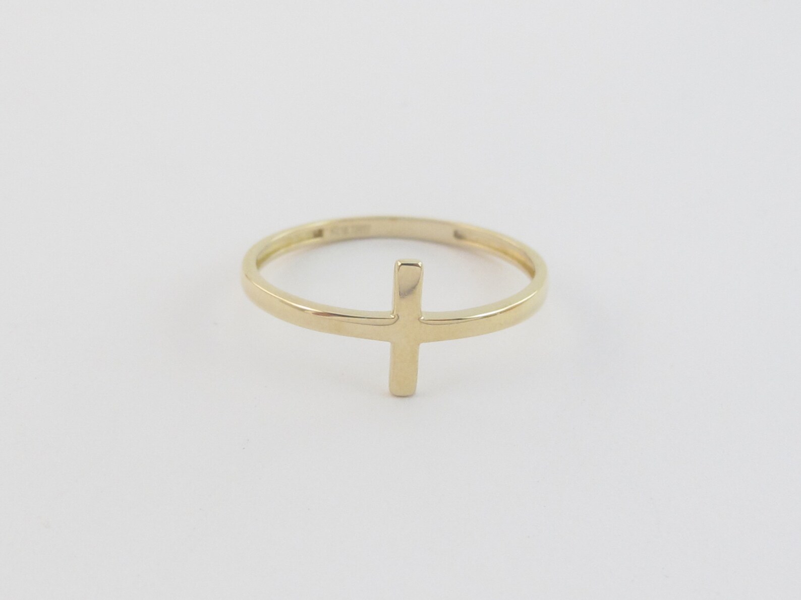 14k Solid Yellow Gold Cross Ring - Delicate Small Stacking Ring ...