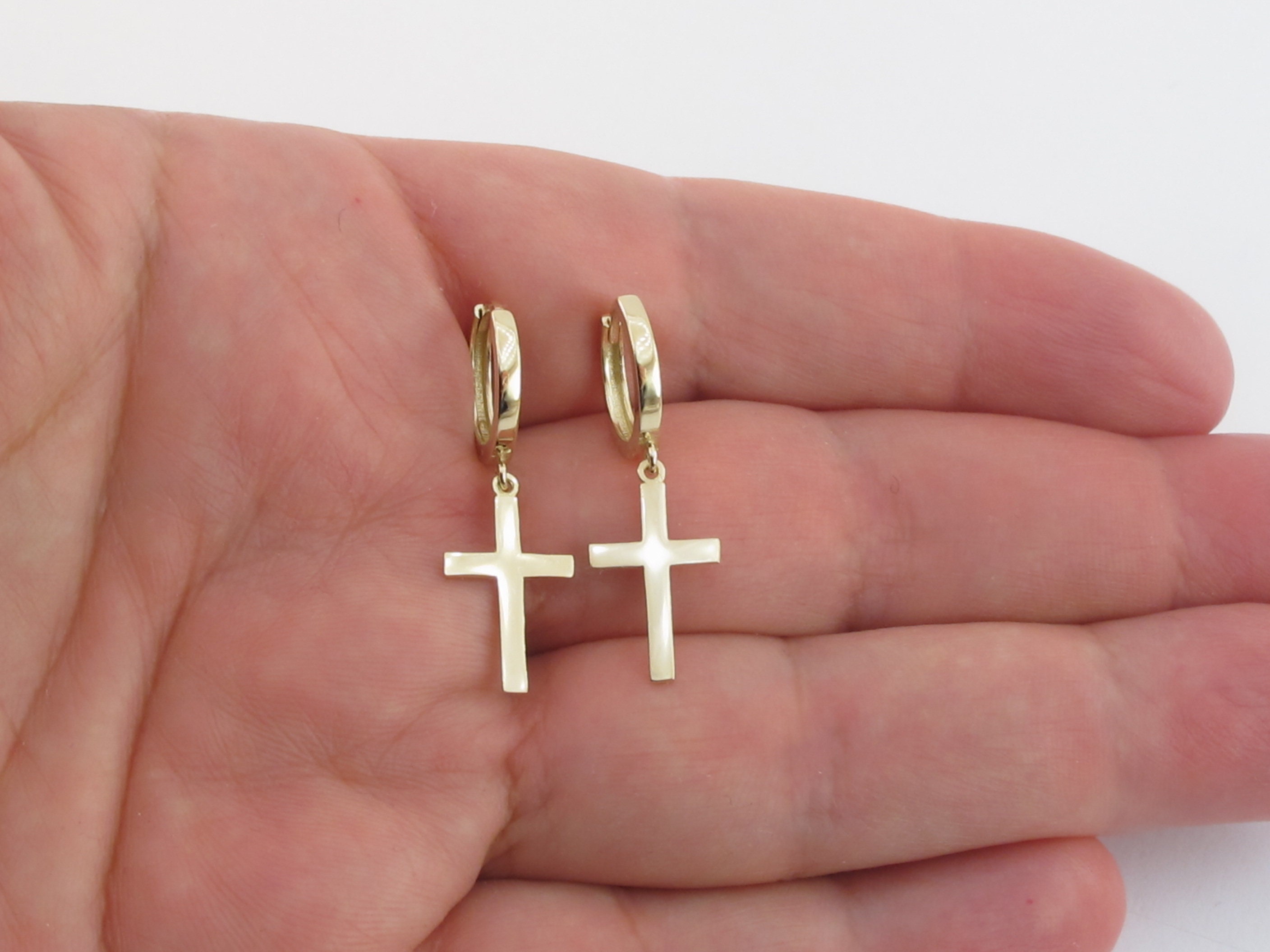 14k Yellow Gold Cross Hoop Earrings Dangling Cross Earrings | Etsy