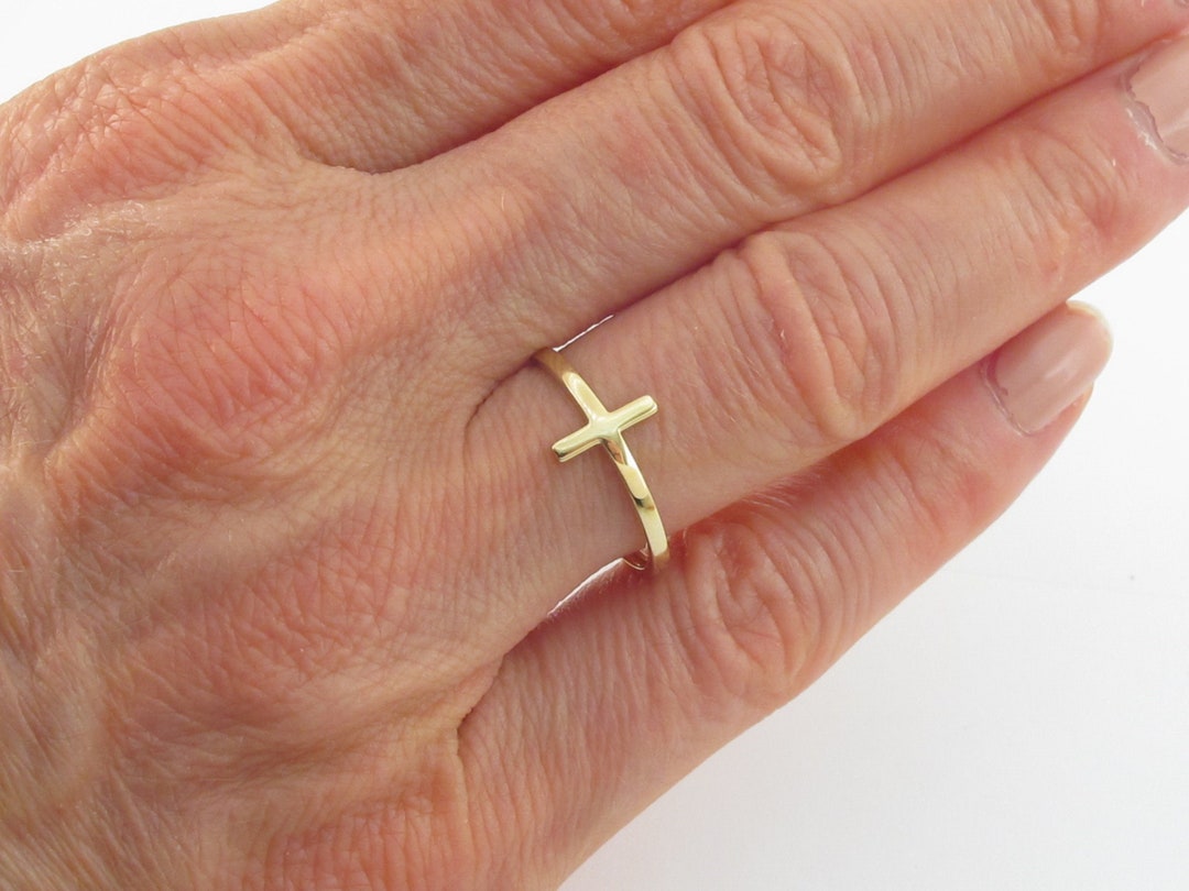 14k Solid Yellow Gold Cross Ring - Delicate Small Stacking Ring ...