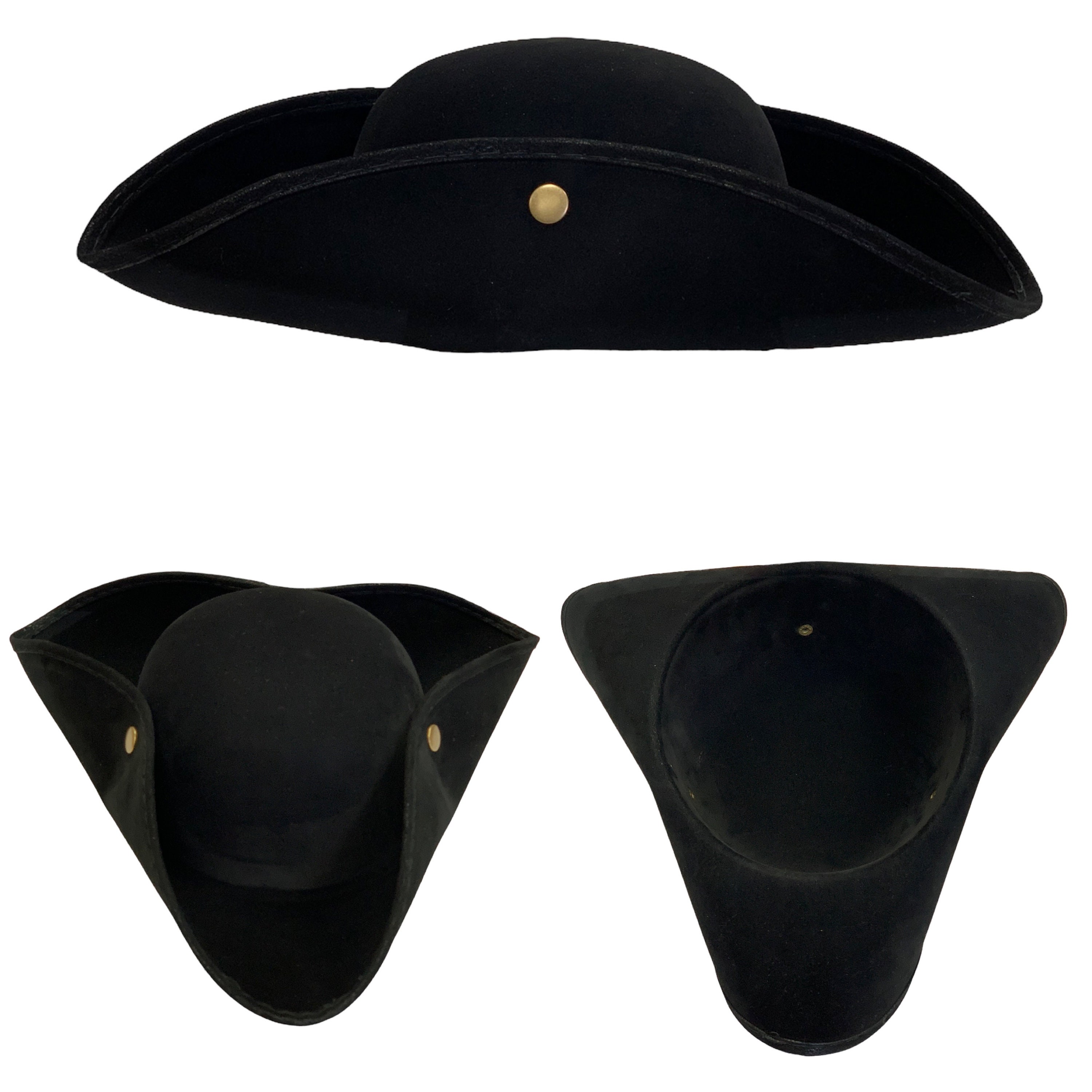 Colonial Tri-corner Hat (Black, W/Gold Braid Trim, W/ White Trim, or Brown)