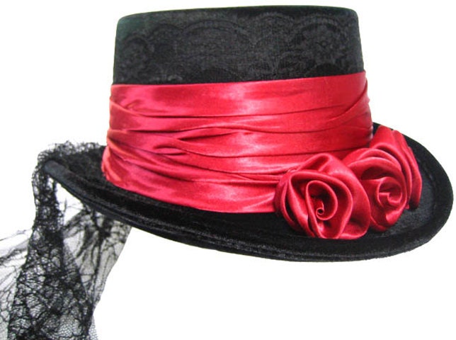 Black and Red Victorian Ladies Short Top Riding Hat with Tail