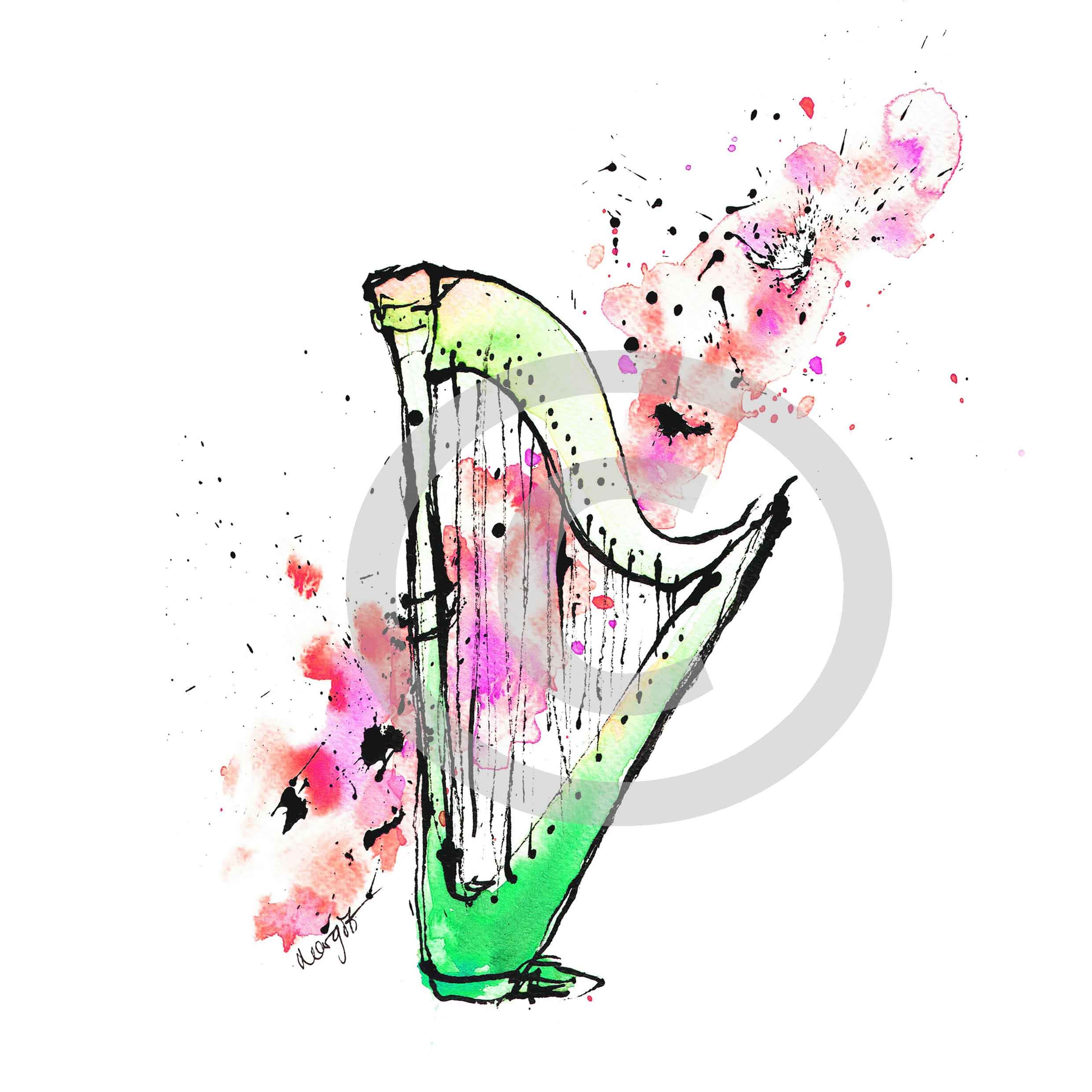 Trumpet fine art print drawn with brush ink watercolour and | Etsy