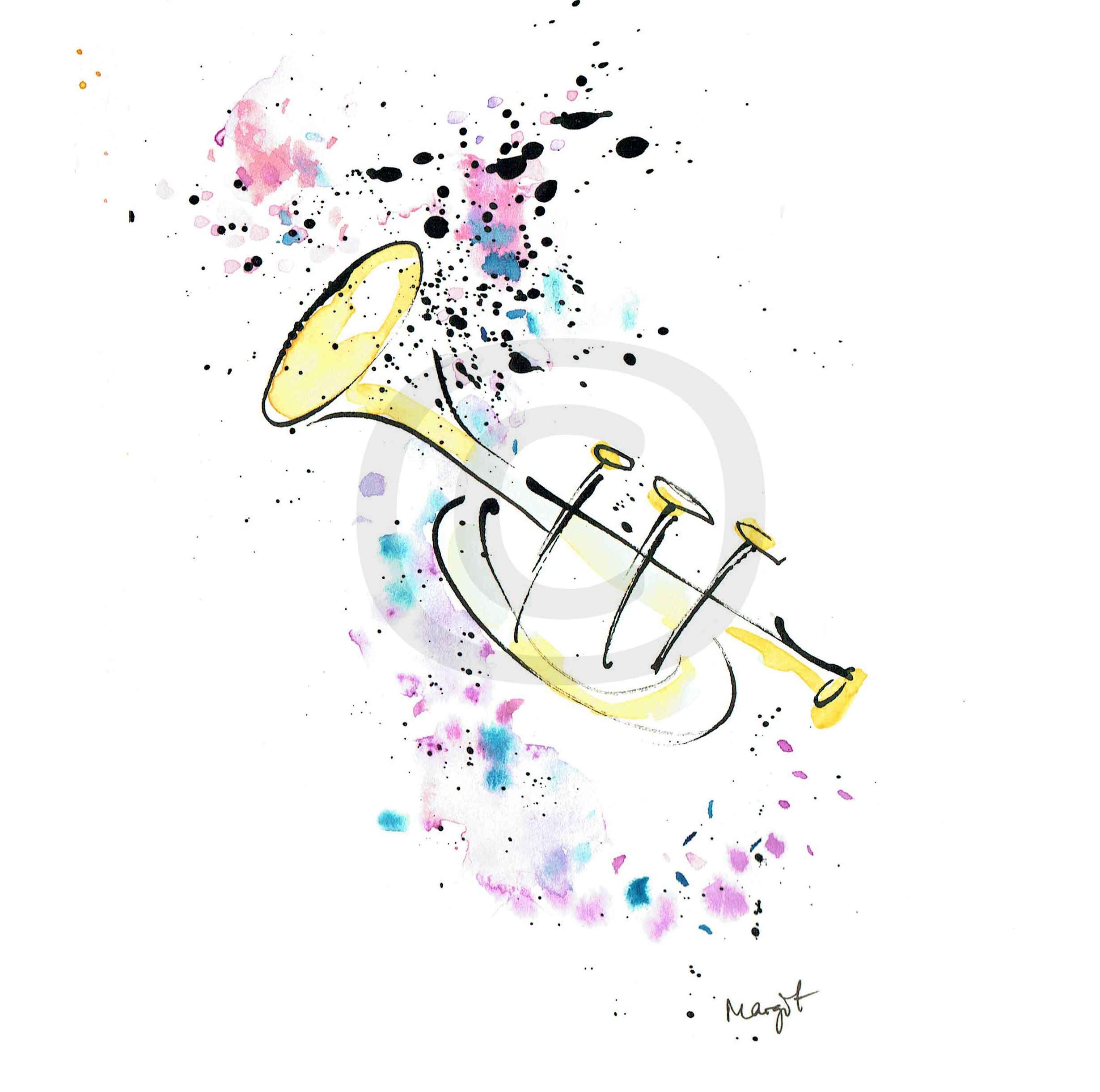 Trumpet Fine Art Print Drawn With Brush Ink Watercolour and - Etsy UK