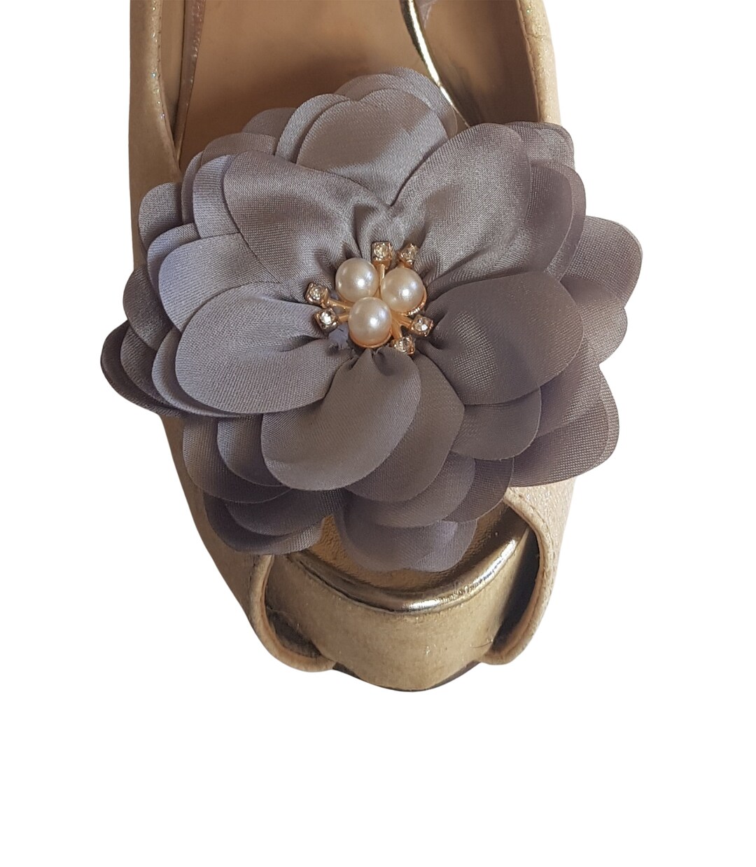 Beautiful Deeree Large Satin Grey Flower Shoe Clips With Pearl ...
