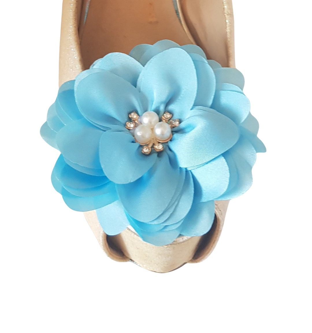 Beautiful Deeree Large Satin Blue Flower Shoe Clips With Pearl ...