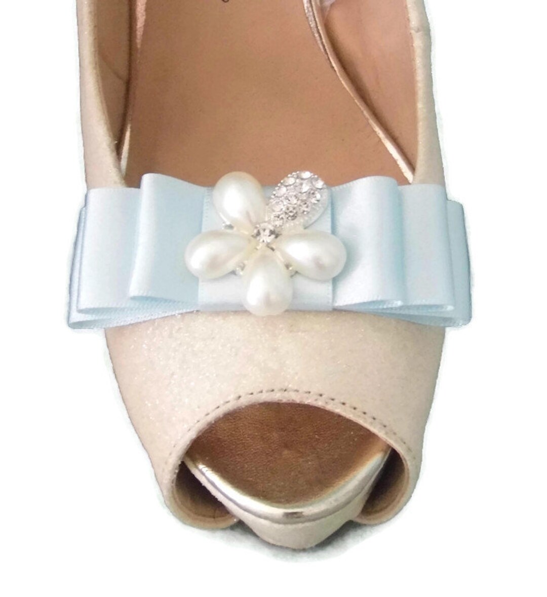 Handmade Baby Blue Triple Bow Shoe Clips With Pearl & Diamante Flower ...