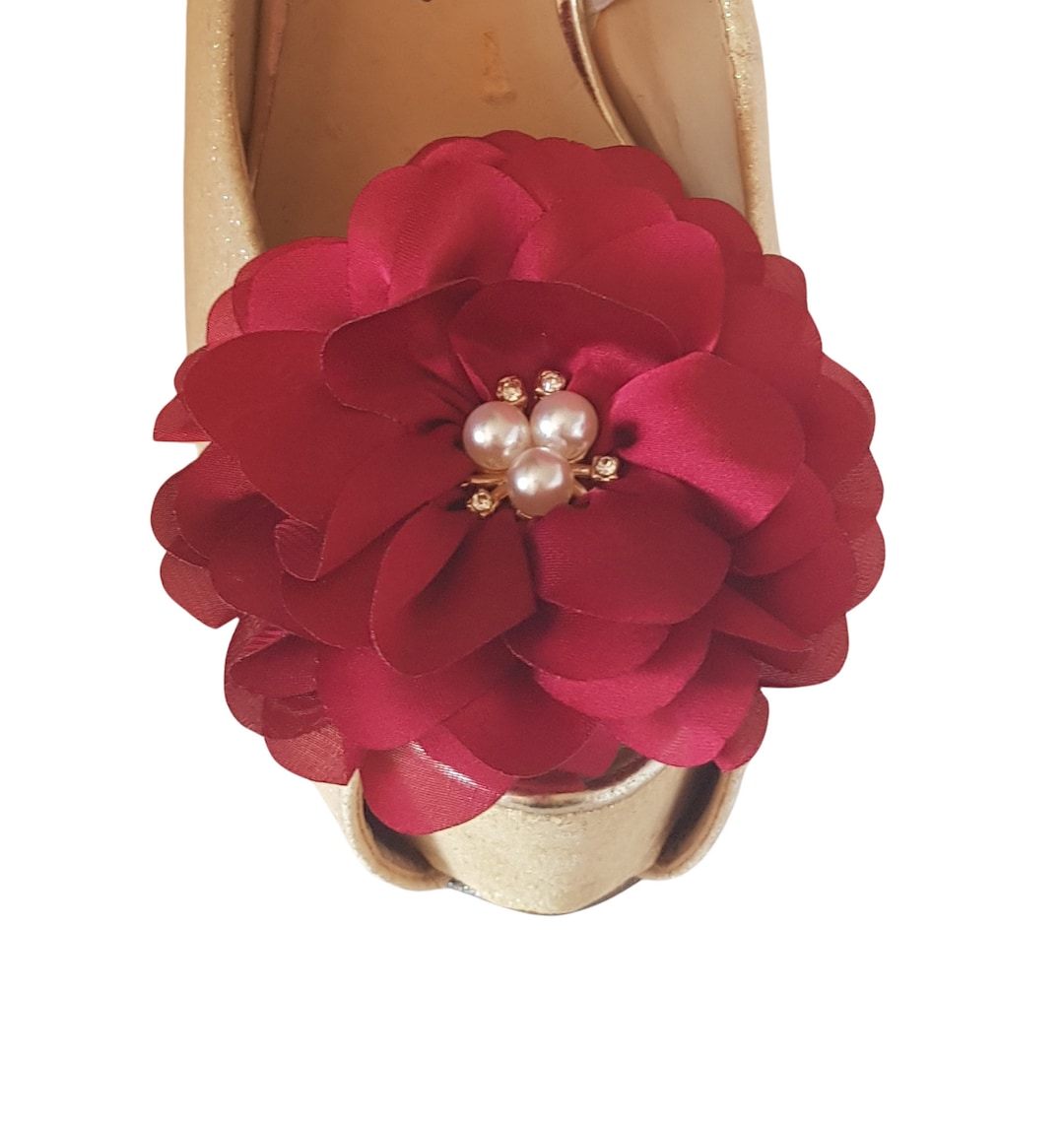 Beautiful Deeree Large Satin Burgundy Red Flower Shoe Clips With Pearl ...
