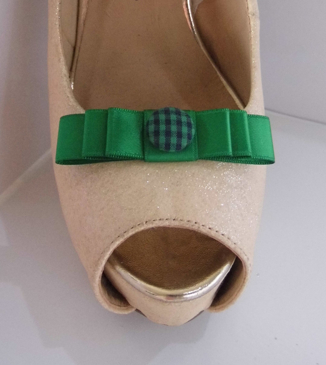 Handmade Small Green Bow Shoe Clips With Gingham Style Button Centre ...